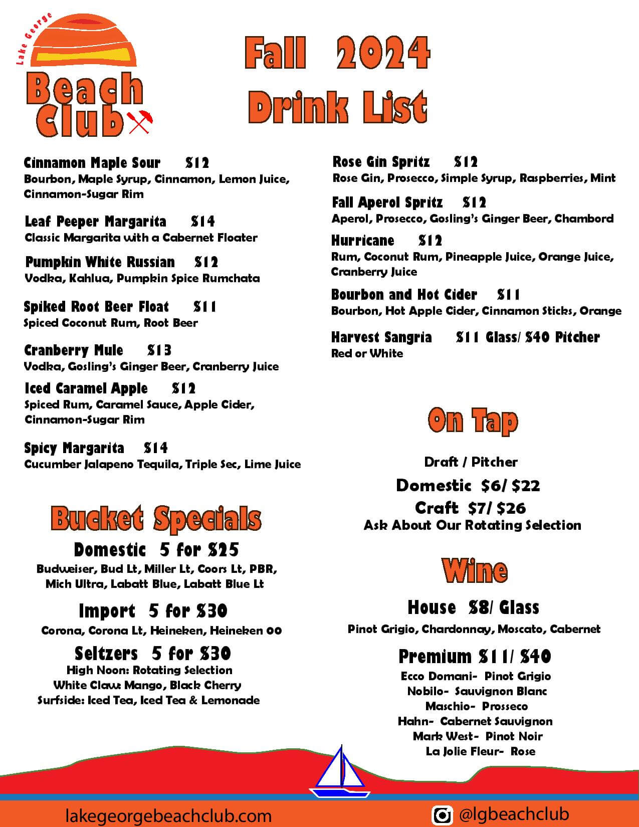 Drink Menu – Lake George Beach Club: 3 Montcalm St, Lake George, NY